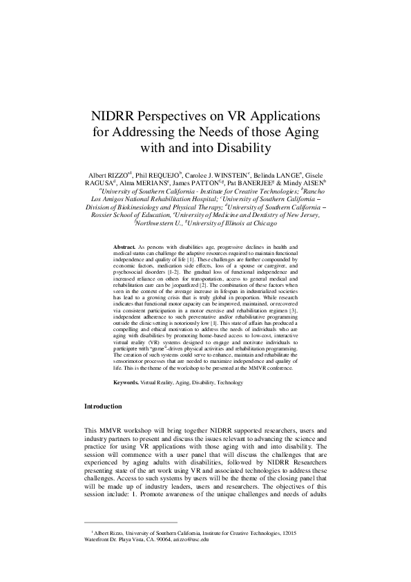 (PDF) NIDRR Perspectives on VR Applications for Addressing the Needs of ...