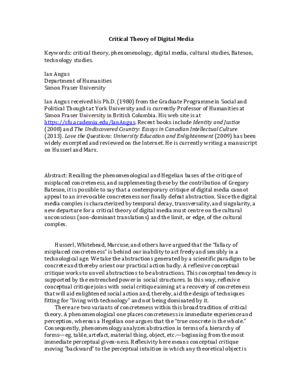 (PDF) Critical Theory of Digital Media