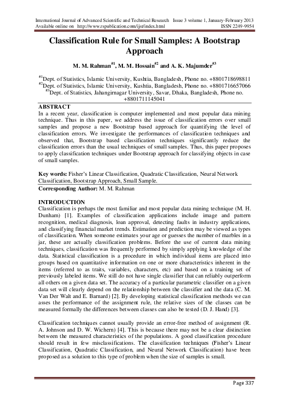 (PDF) Classification Rule for Small Samples: A Bootstrap Approach