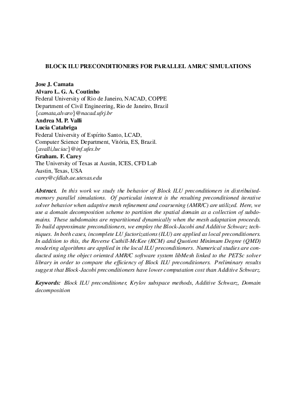 (PDF) BLOCK ILU PRECONDITIONERS FOR PARALLEL AMR/C SIMULATIONS