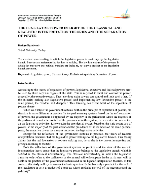 (PDF) THE LEGISLATIVE POWER IN LIGHT OF THE CLASSICAL AND REALISTIC ...