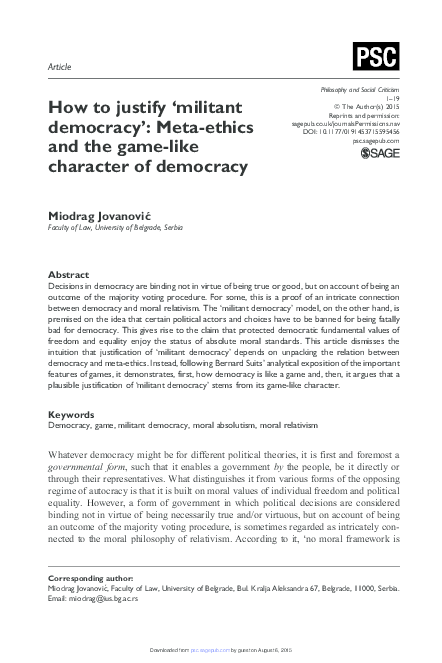 (PDF) How to justify ‘militant democracy’: Meta-ethics and the game ...