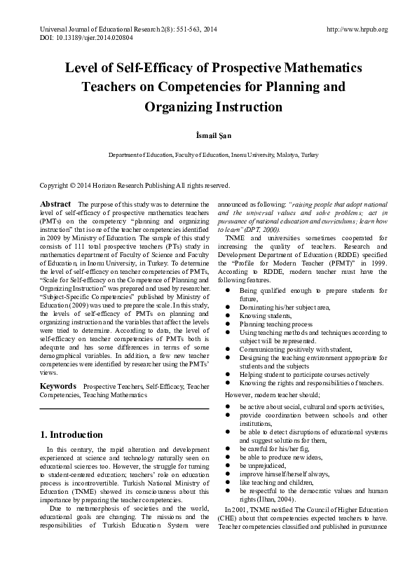 (PDF) Level of self-efficacy of prospective mathematics teachers on ...