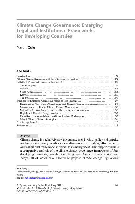 (PDF) Climate Change Governance: Emerging Legal and Institutional ...