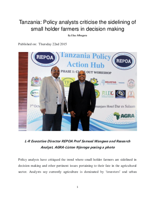 (PDF) REPOA AND AGRA RESEARCH IN AGRICULTURE