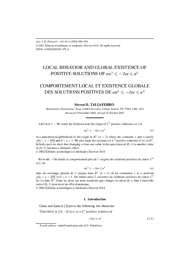 (PDF) Local behavior and global existence of positive solutions of auλ⩽ ...