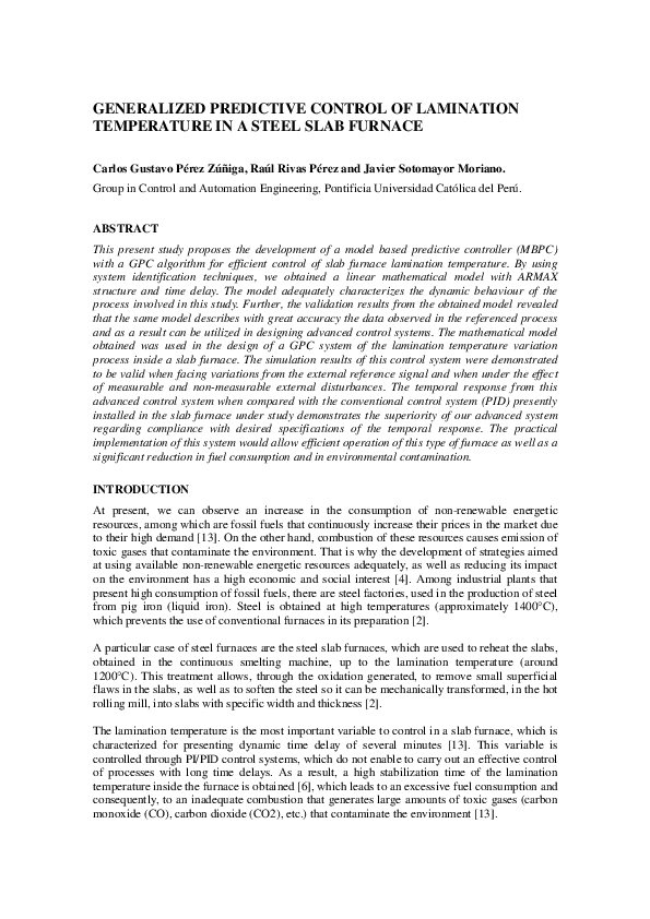 (PDF) GENERALIZED PREDICTIVE CONTROL OF LAMINATION TEMPERATURE IN A STEEL SLAB FURNACE