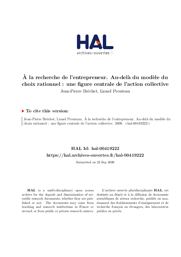 (PDF) À la recherche de l'entrepreneur. Au-delà du modèle du choix ...