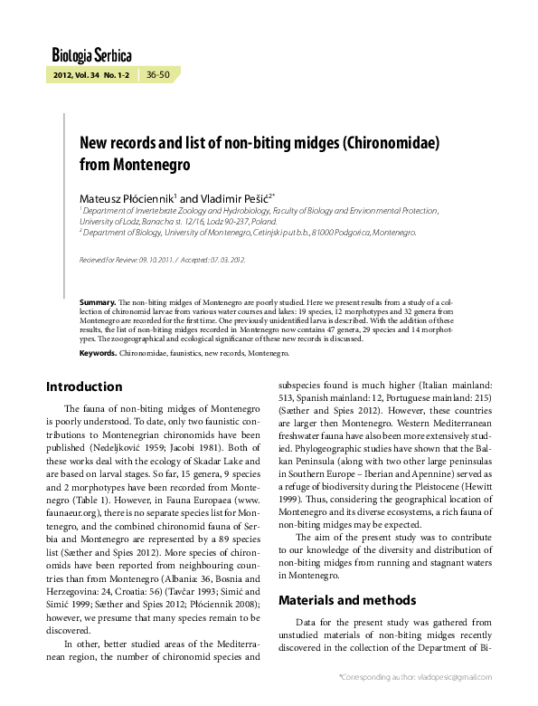 (PDF) New records and list of non-biting midges (Chironomidae) from Montenegro