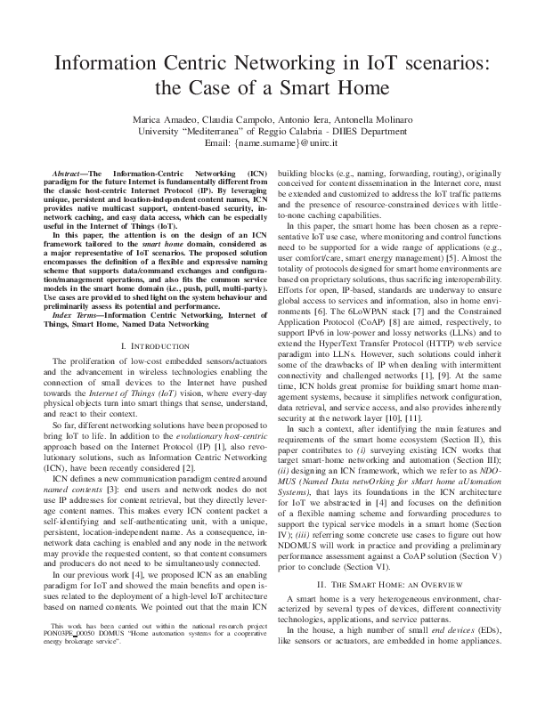 Pdf Information Centric Networking In Iot Scenarios The Case Of A Smart Home