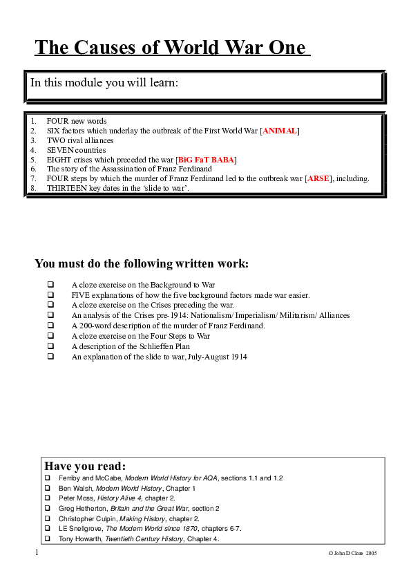 (DOC) Precipitating Factors of WWI Outbreak