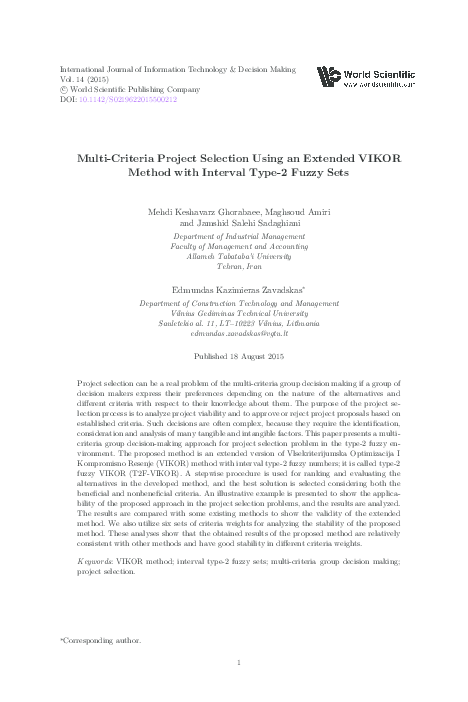 Pdf Multi Criteria Project Selection Using An Extended Vikor Method With Interval Type 2 Fuzzy