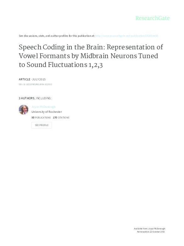 (PDF) Speech Coding in the Brain: Representation of Vowel Formants by Midbrain Neurons Tuned to ...