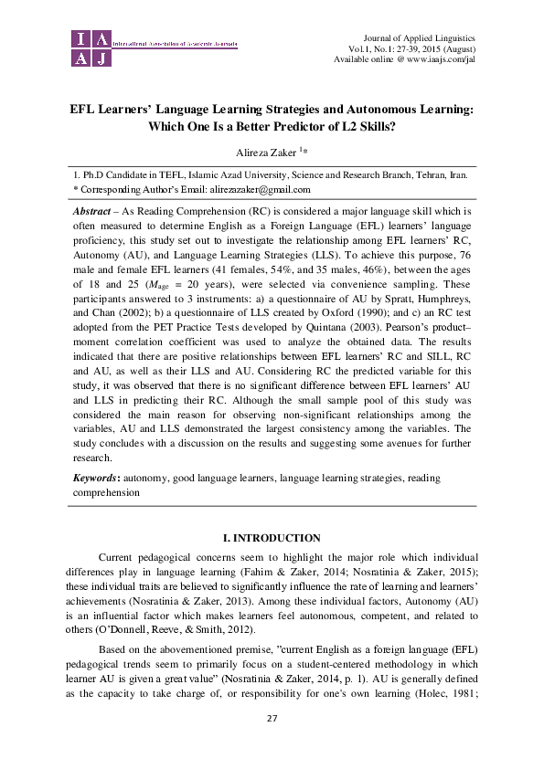(PDF) EFL Learners’ Language Learning Strategies and Autonomous Learning: Which One Is a Better ...