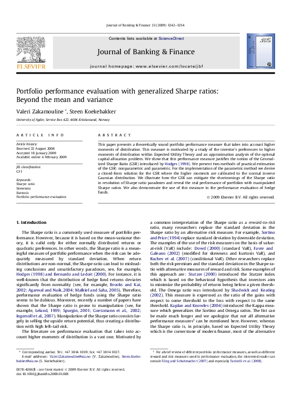 (PDF) Portfolio performance evaluation with generalized Sharpe ratios ...