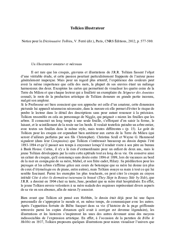 (PDF) « Tolkien illustrateur », Dictionnaire Tolkien, V. Ferré (dir ...