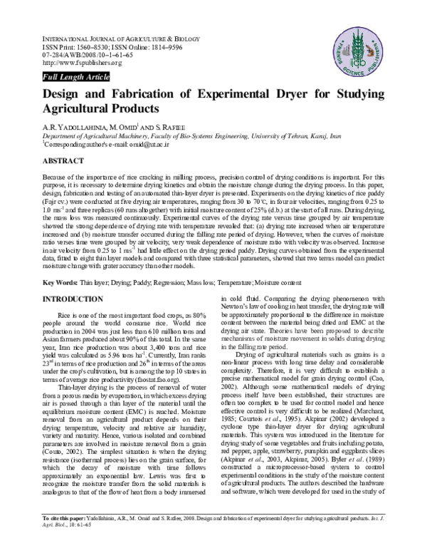 (PDF) Design and Fabrication of Experimental Dryer for Studying ...
