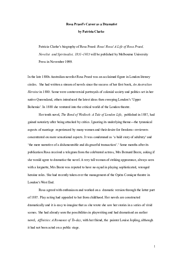 (DOC) Rosa Praed: From Novelist to Dramatist
