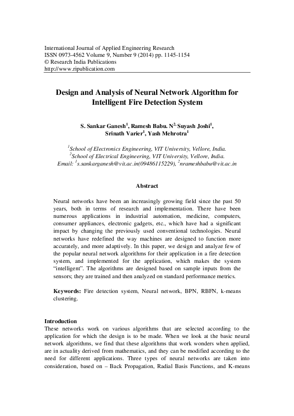 (PDF) Design and Analysis of Neural Network Algorithm for Intelligent Fire Detection System