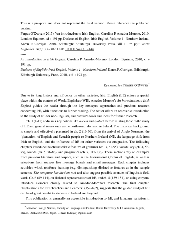 (PDF) An introduction to Irish English. Carolina P. Amador-Moreno. 2010 ...