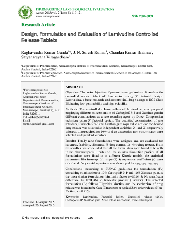 Pdf Design Formulation And Evaluation Of Lamivudine Controlled