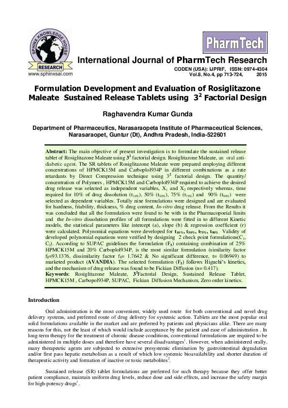 Pdf Formulation Development And Evaluation Of Rosiglitazone Maleate Sustained Release Tablets
