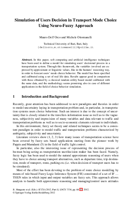 Pdf Simulation Of Users Decision In Transport Mode Choice Using Neuro Fuzzy Approach