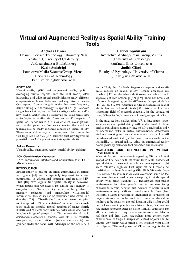 (PDF) Virtual and Augmented Reality As Spatial Ability Training Tools