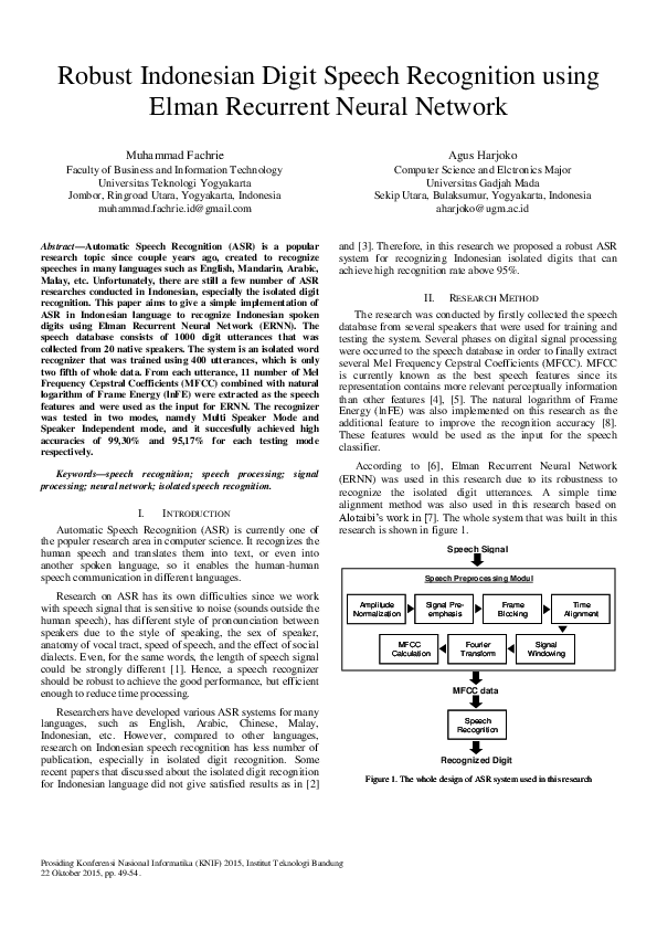 (PDF) Robust Indonesian Digit Speech Recognition using Elman Recurrent Neural Network | Muhammad ...