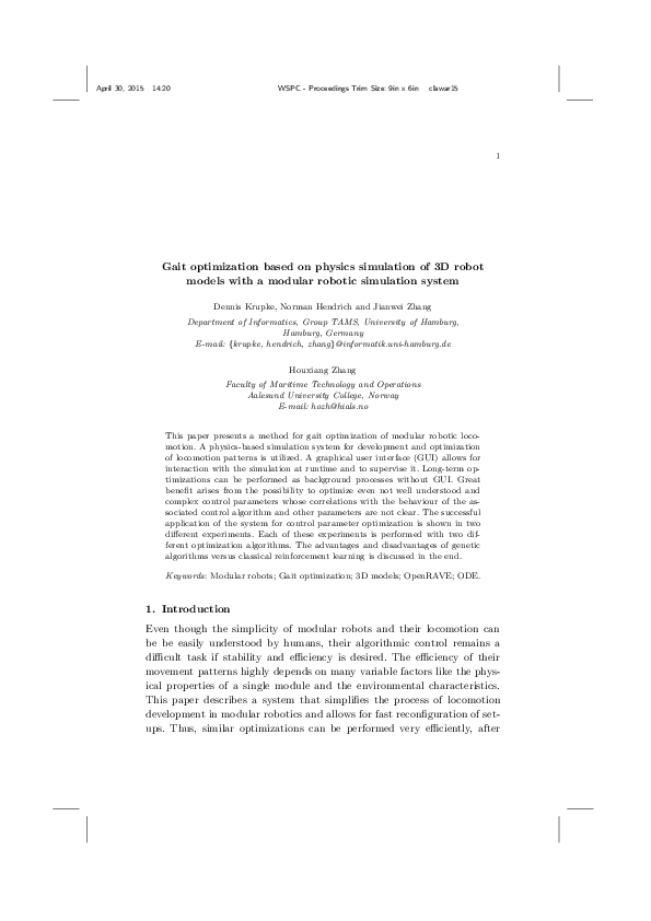 (PDF) Gait optimization based on physics simulation of 3D robot models with a modular robotic ...