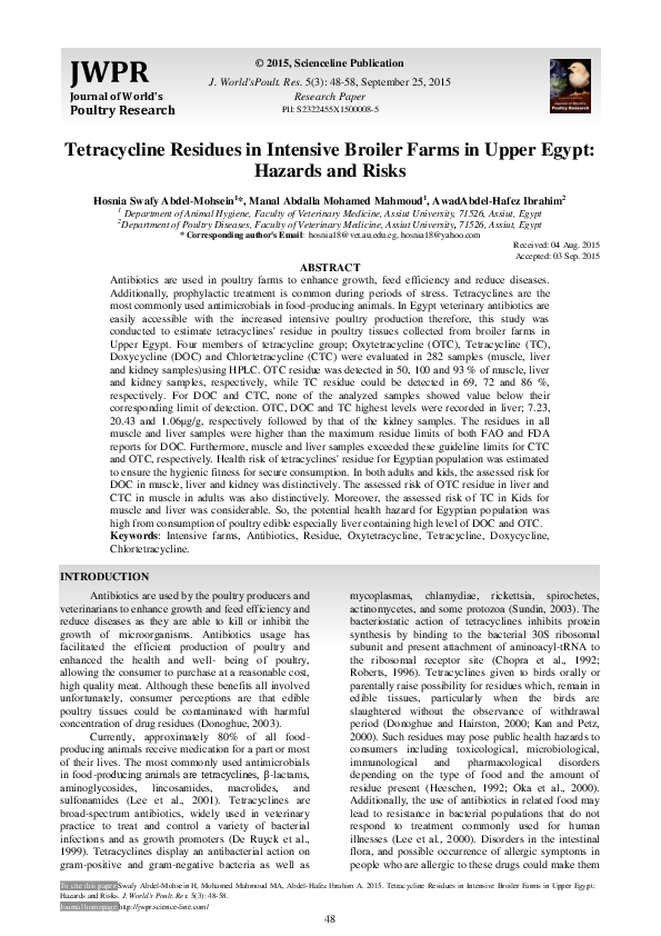 (PDF) Tetracycline Residues in Intensive Broiler Farms in Upper Egypt ...