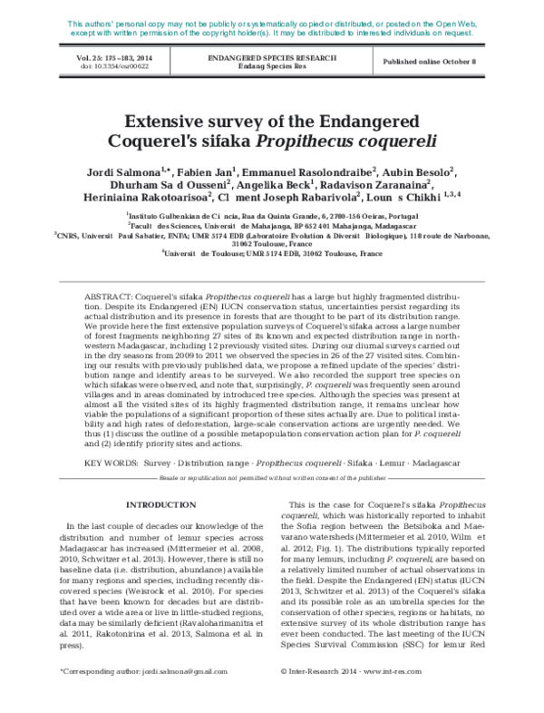 (PDF) Survey of the critically endangered Perrier’s sifaka (Propithecus ...