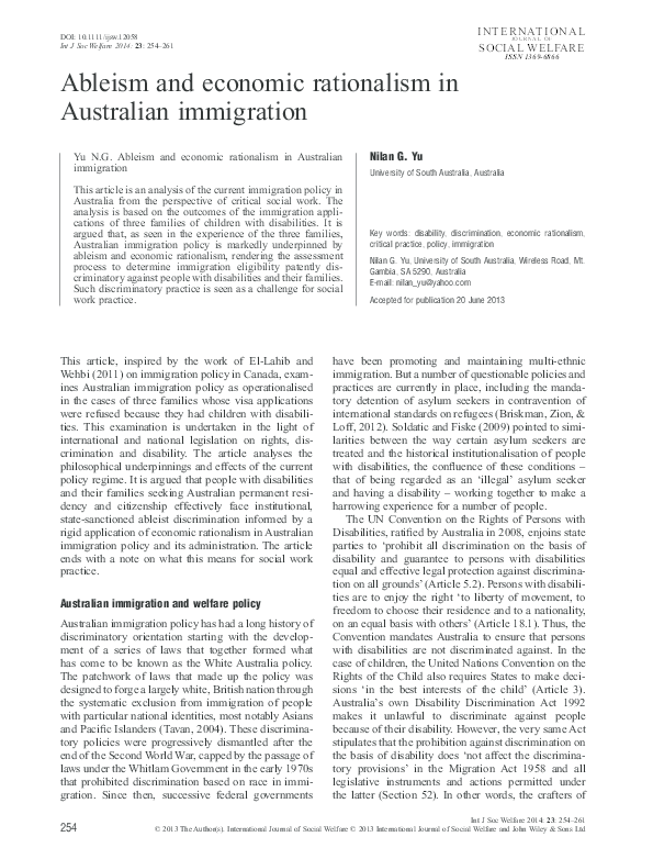 (PDF) Ableism and economic rationalism in Australian immigration