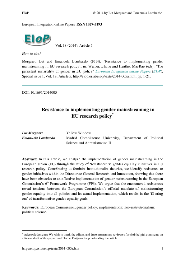 (PDF) Emanuela Lombardo and Lut Mergaert (2013) Gender mainstreaming ...
