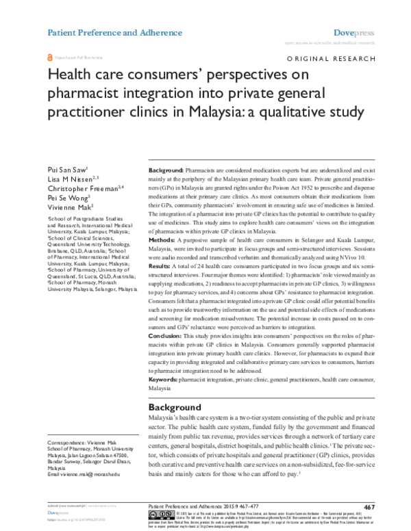 (PDF) Health care consumers' perspectives on pharmacist integration into private general ...