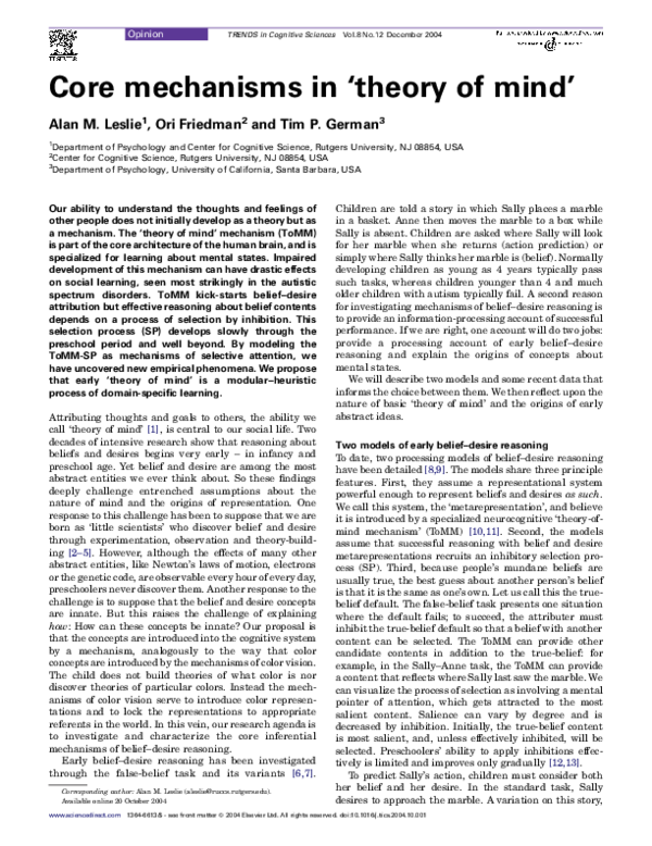 (PDF) Core mechanisms in ‘theory of mind’