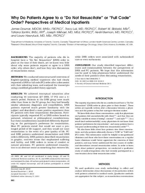 (PDF) Why Do Patients Agree to a “Do Not Resuscitate” or “Full Code ...