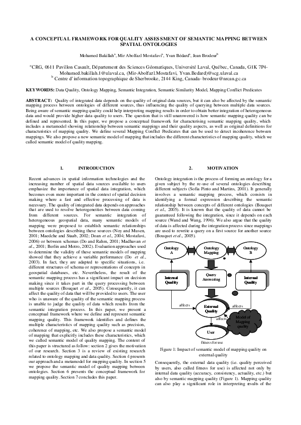 (PDF) A CONCEPTUAL FRAMEWORK FOR QUALITY ASSES SMENT OF SEMANTIC MAPPING BETWEEN SPATIAL ONTOLOGIES