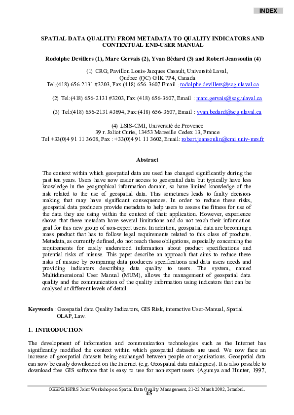 Pdf Spatial Data Quality From Metadata To Quality Indicators And Contextual End User Manual