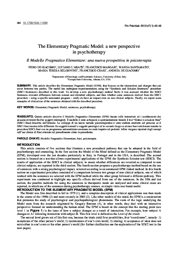 (PDF) The Elementary Pragmatic Model: a new perspective in psychotherapy