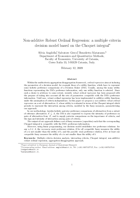 Pdf Non Additive Robust Ordinal Regression A Multiple Criteria