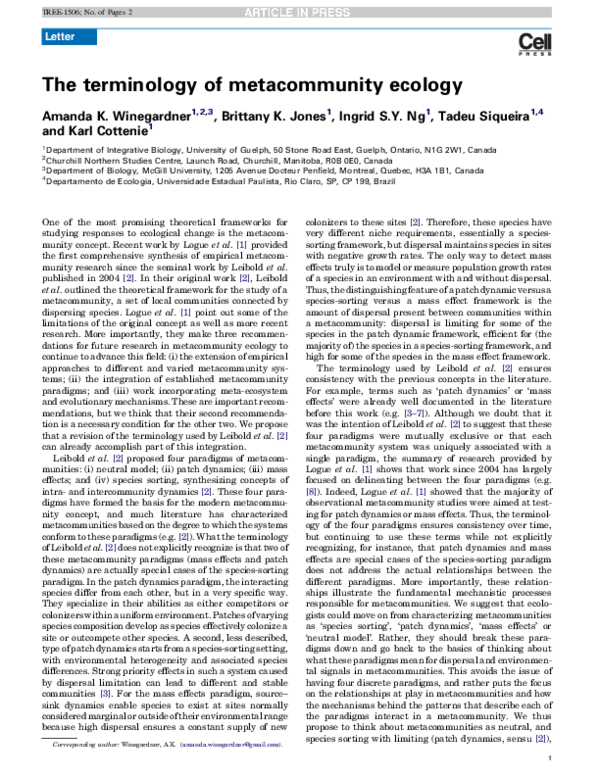 Pdf The Terminology Of Metacommunity Ecology