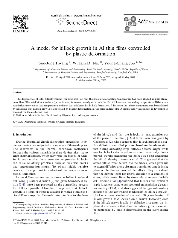 (PDF) A model for hillock growth in Al thin films controlled by plastic ...
