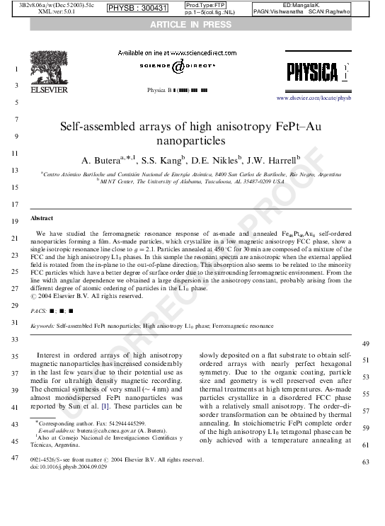 (PDF) Self-assembled arrays of high anisotropy FePt–Au nanoparticles