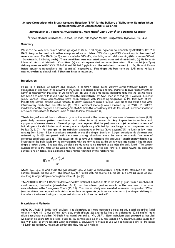 Pdf In Vitro Comparison Of A Breath Actuated Nebulizer Ban For The Delivery Of Salbutamol