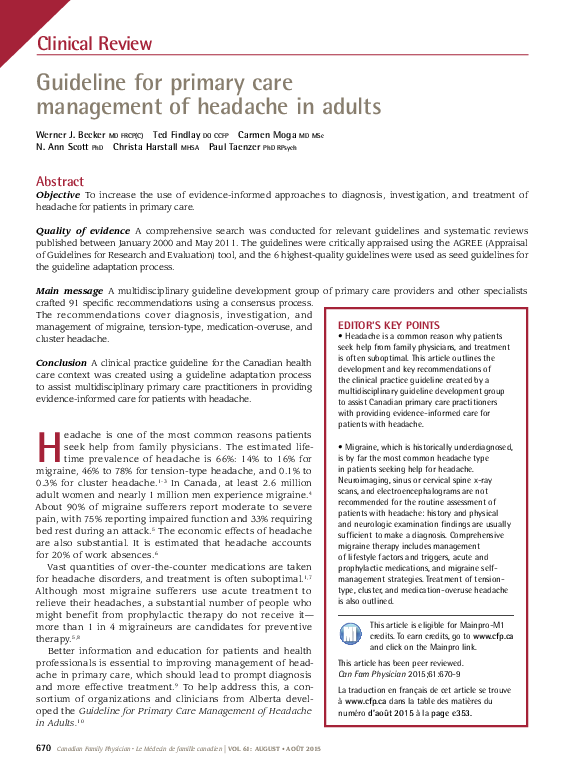 (PDF) Guideline for primary care management of headache in adults