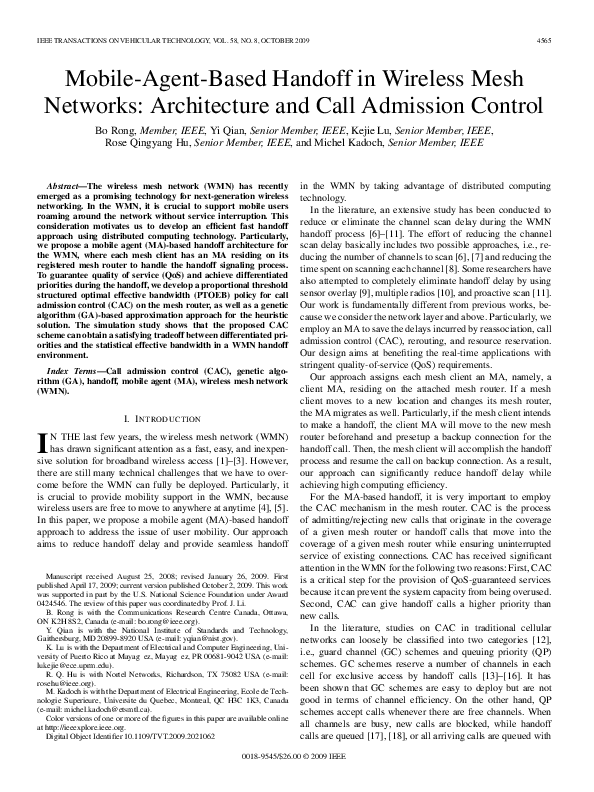 (PDF) Mobile-Agent-Based Handoff in Wireless Mesh Networks: Architecture and Call Admission Control