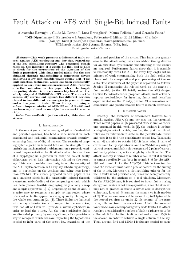 (PDF) Fault attack on AES with single-bit induced faults