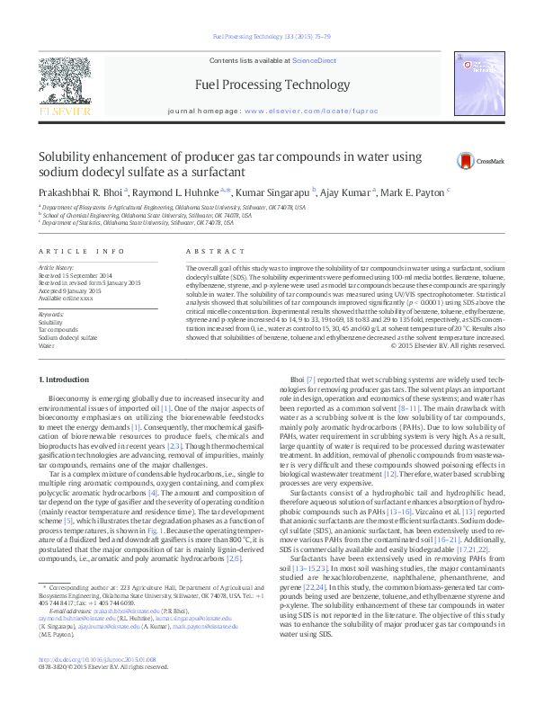 (PDF) Solubility enhancement of producer gas tar compounds in water ...