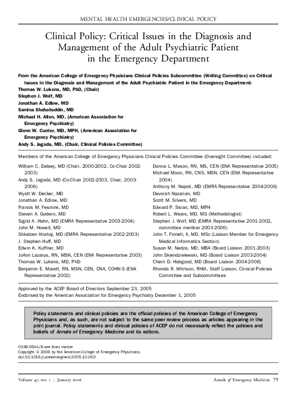 (PDF) Clinical Policy: Critical Issues in the Diagnosis and Management ...